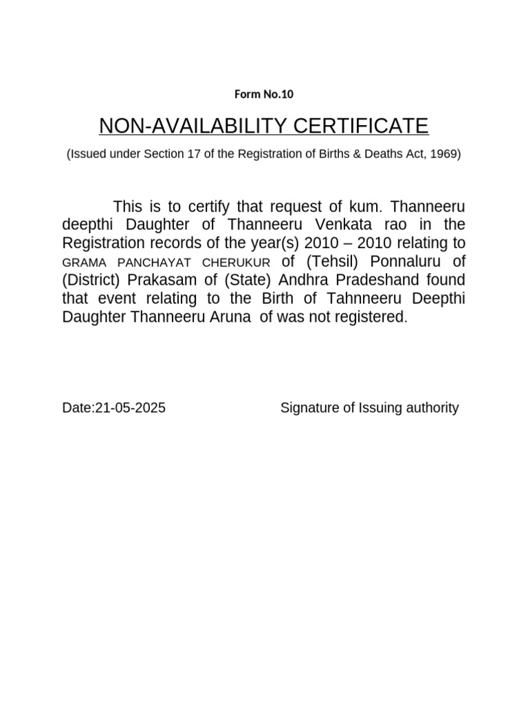 Non-Availability Certificate Form No. 10 | PDF