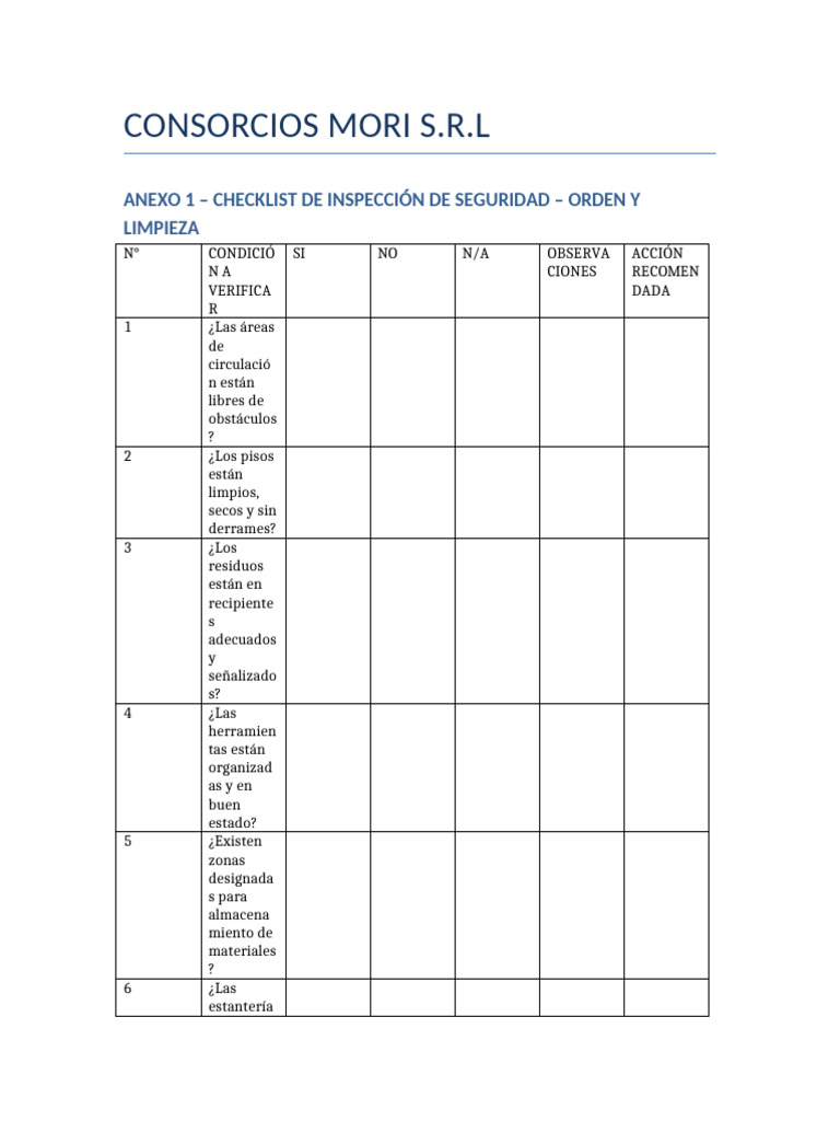 Checklist Inspeccion Orden Limpieza Consorcios Mori | PDF