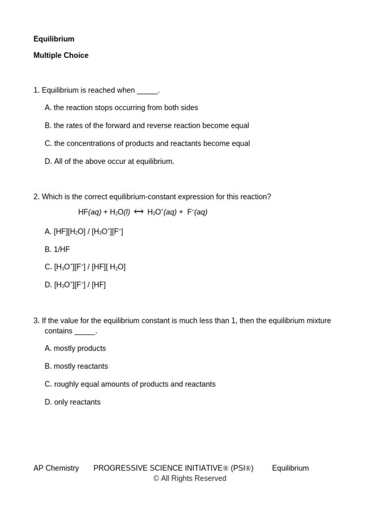 AP Chemistry Equilibrium Quiz Questions | PDF | Chemical Equilibrium ...