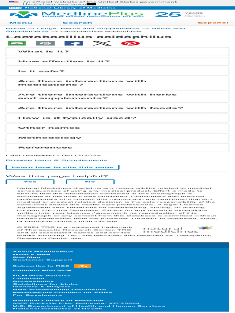 Lactobacillus Acidophilus MedlinePlus Supplements | PDF