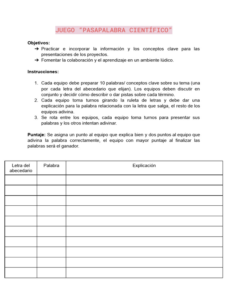 Juego "Pasapalabra Científico" | PDF