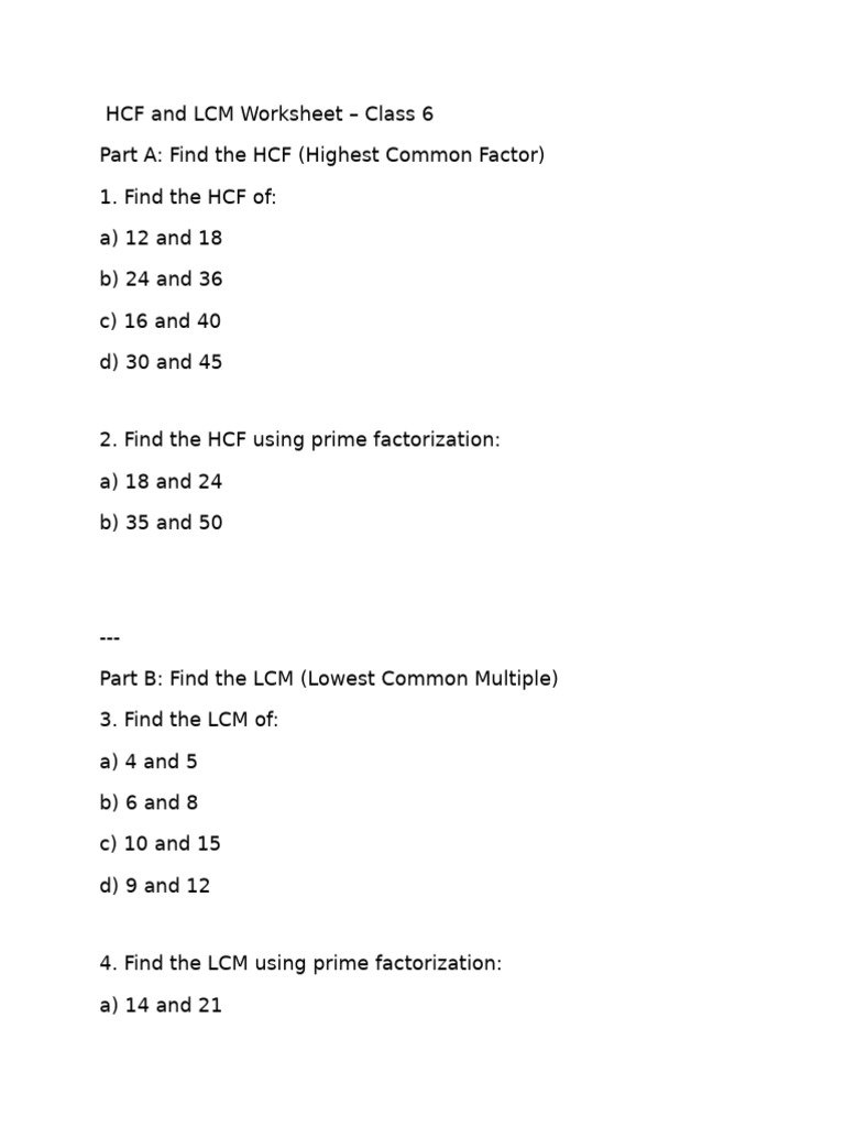 Hcf And Lcm Worksheet For Class 6 Pdf
