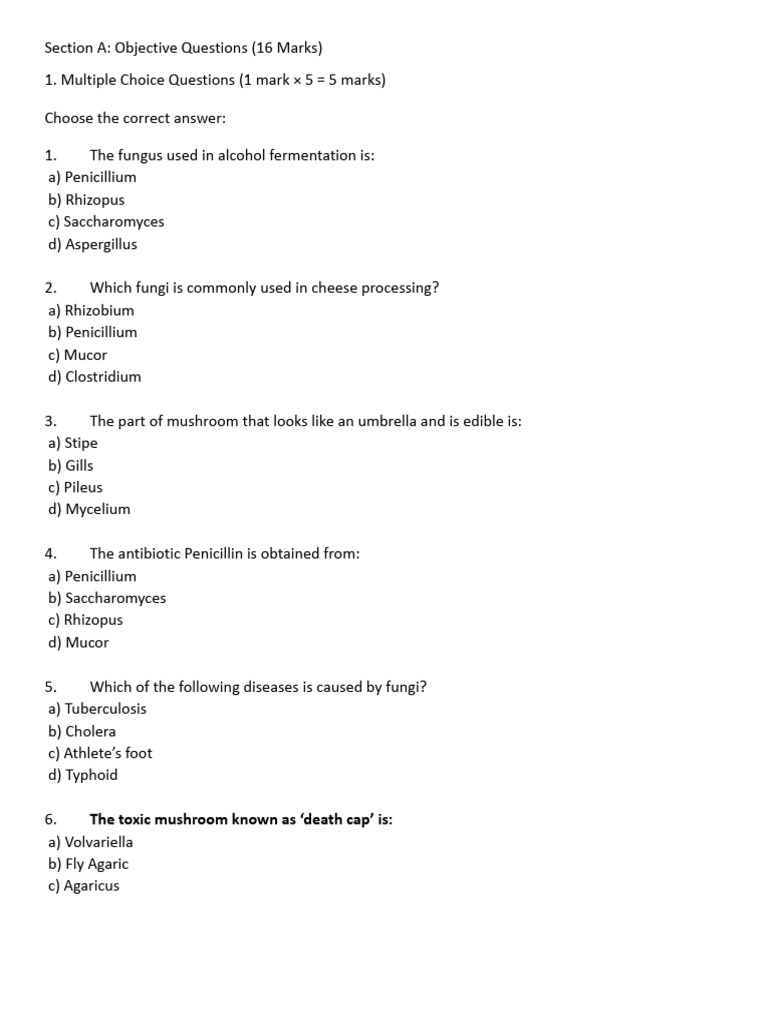 Fungi CHP Question Paper | PDF | Fungus | Edible Mushroom