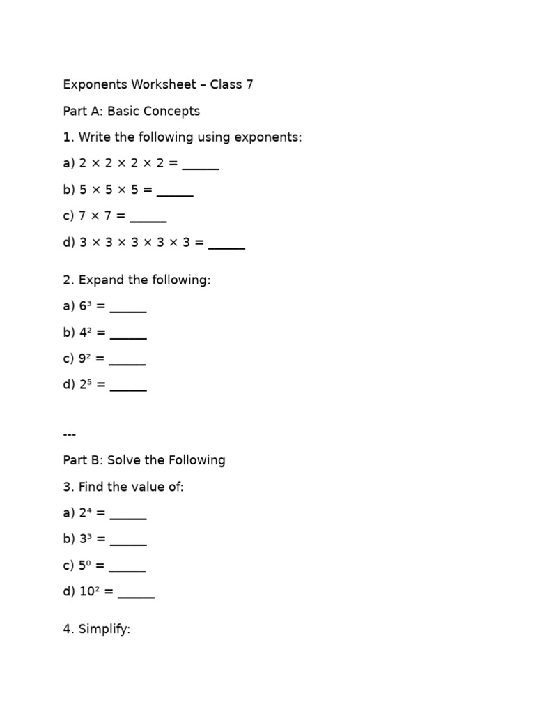 Exponents Worksheet - Class 7 | PDF