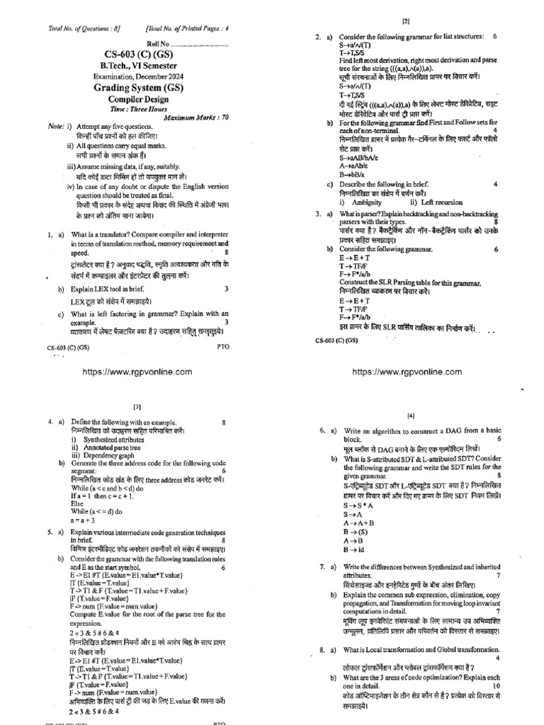 Cs 603 c Compiler Design Dec 2024 | PDF