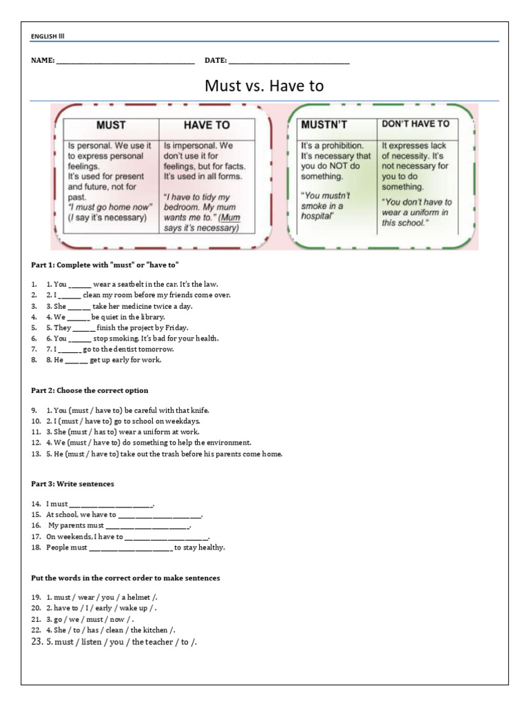 Practice Must Vs Have To | PDF