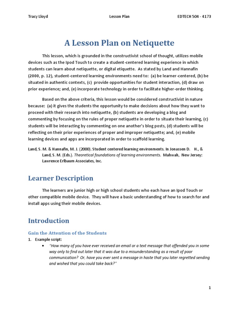 Netiquette Lesson Plan | PDF | Etiquette | Educational Technology