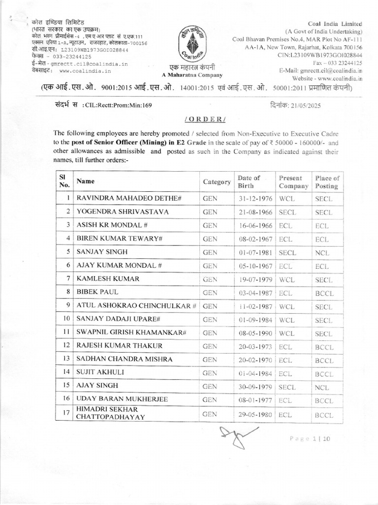 Coal India Executive Promotion List 2025 | PDF | Coal | Coal Mining