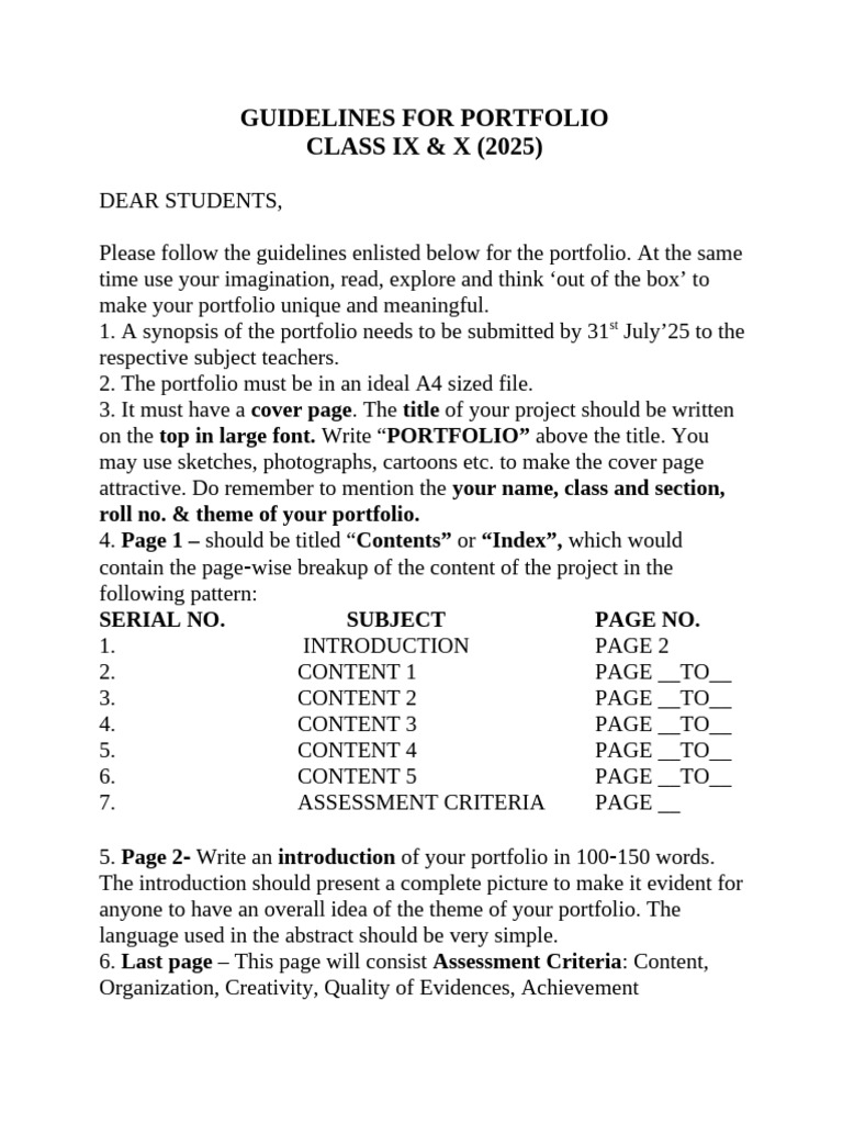 Instructions For Portfolio - For Students | PDF