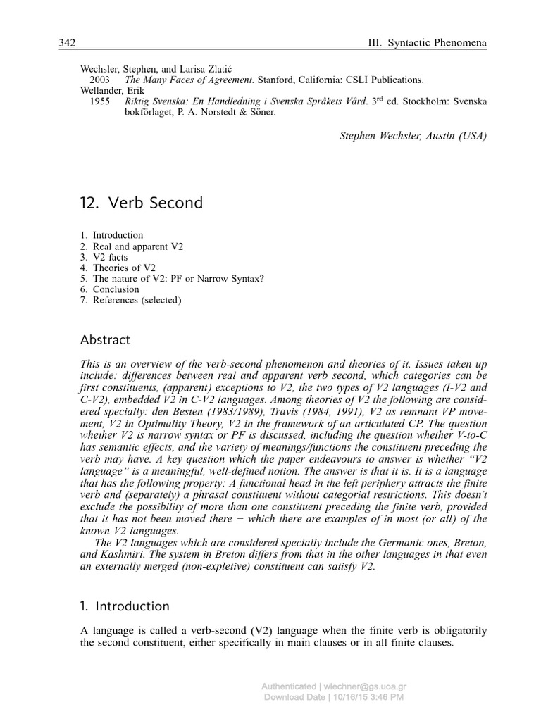 Holmberg; Verb second | PDF | Subject (Grammar) | Clause
