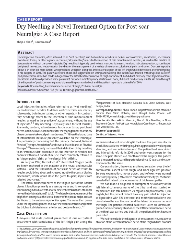Dry Needling A Novel Treatment Option For Post-Scar Neuralgia. A Case ...