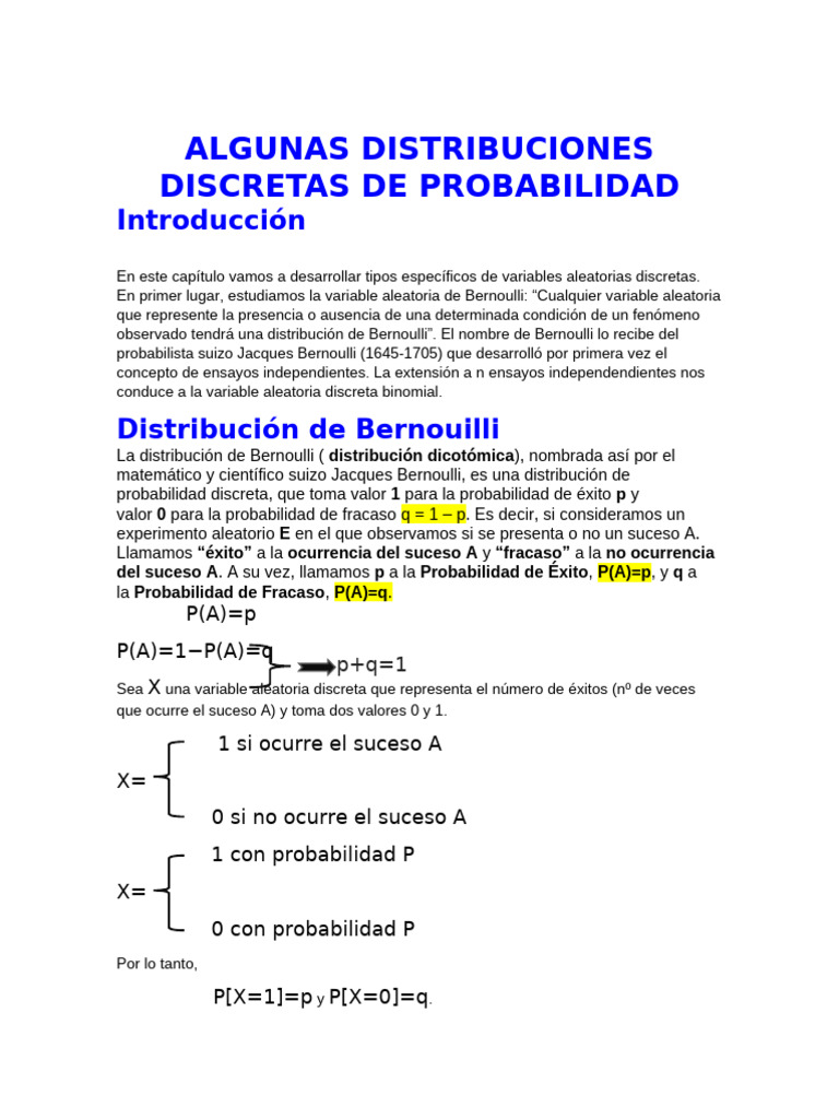ALGUNAS DISTRIBUCIONES DISCRETAS DE PROBABILIDAD | PDF | Probabilidad | Teoría de probabilidad