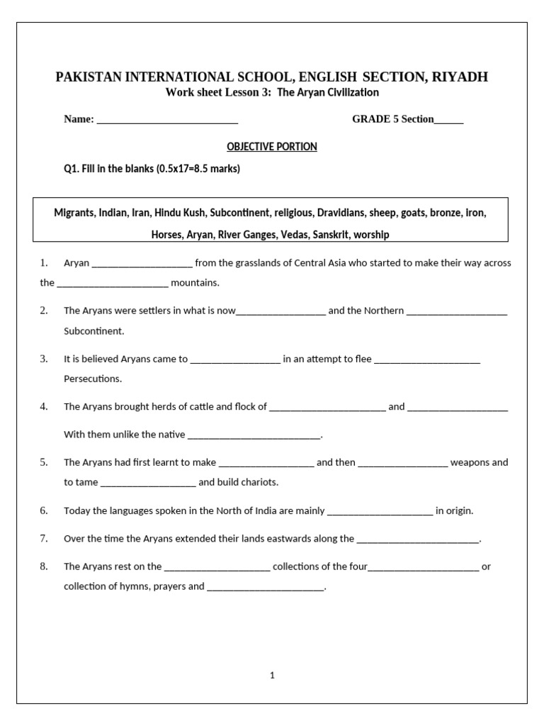 GR 5 Aryan Civilisation Worksheet Updated | PDF