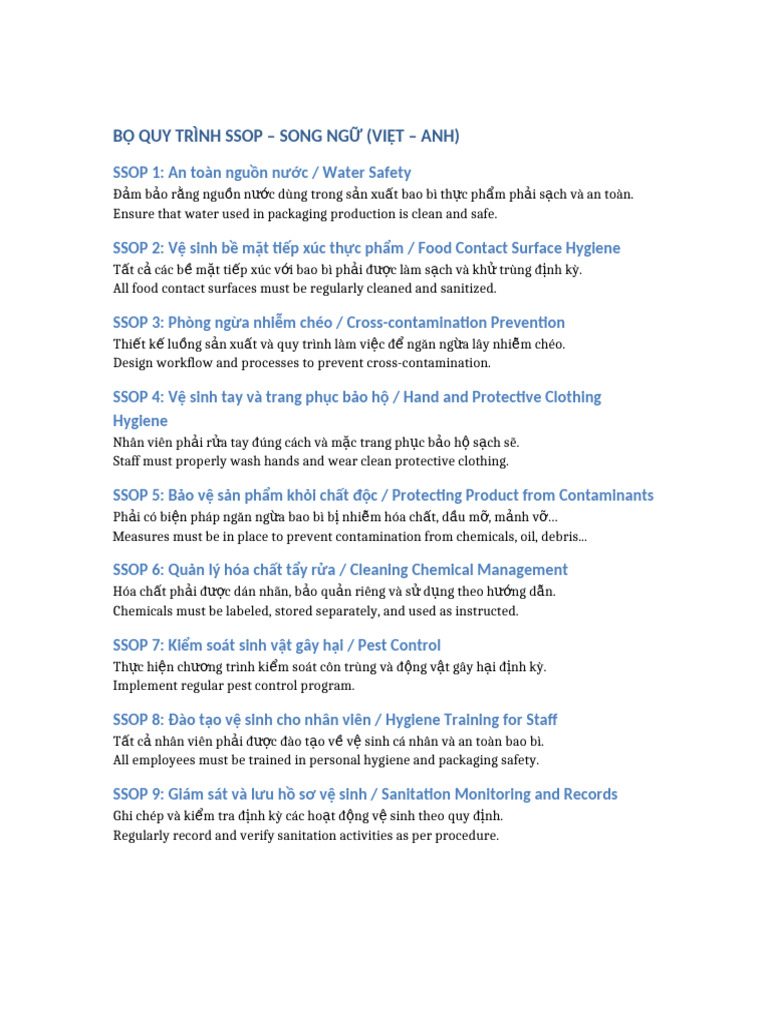 SSOP Procedures Bilingual | PDF