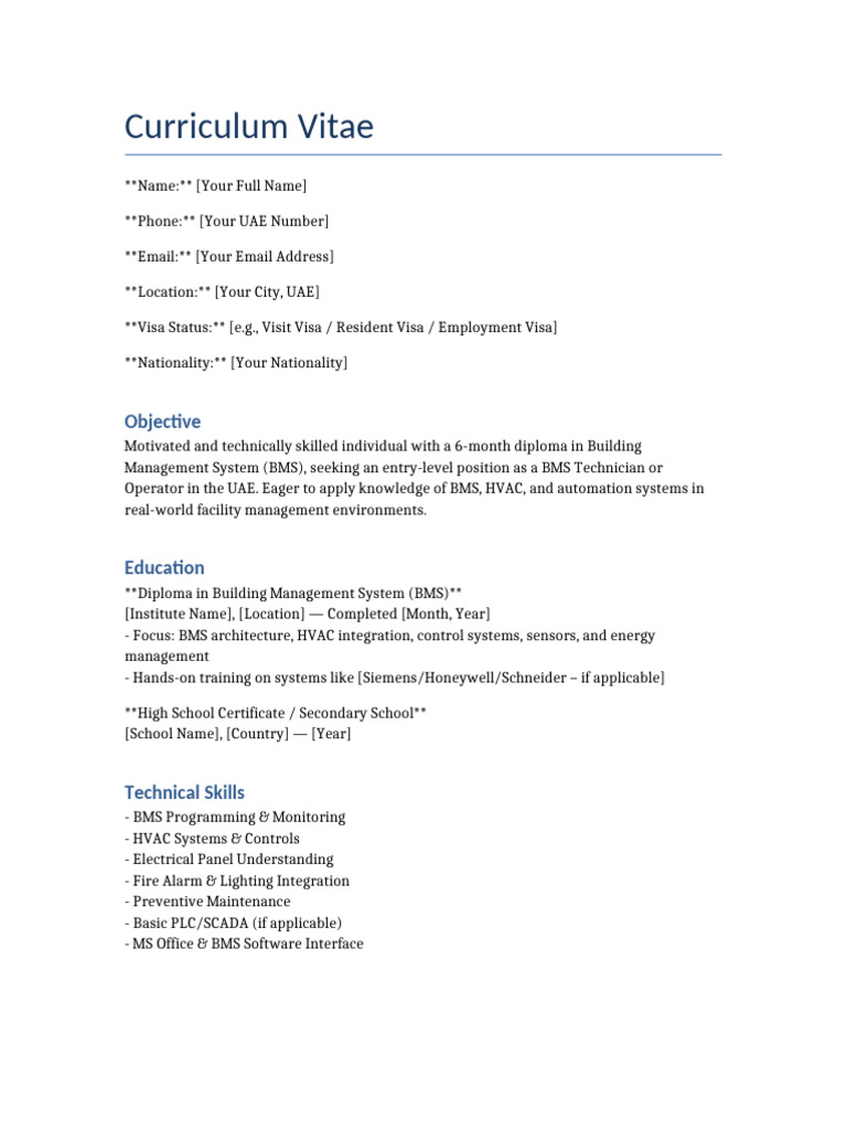 BMS Technician CV for UAE Opportunities | PDF