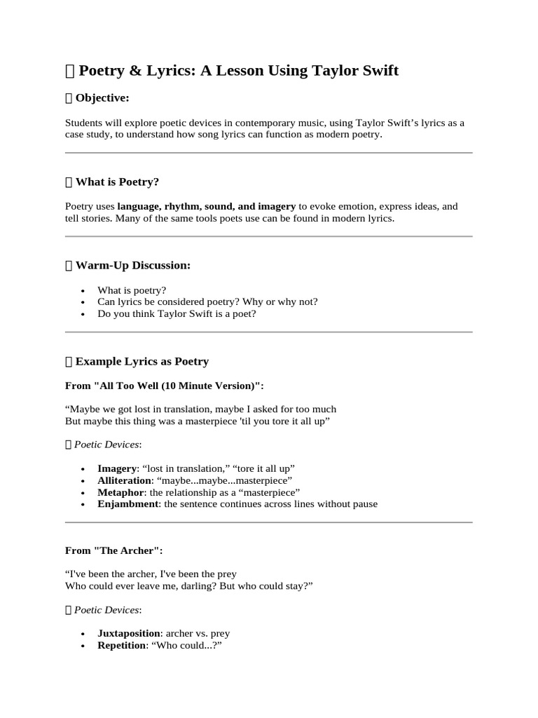 Taylor Swift Lesson Plan | PDF