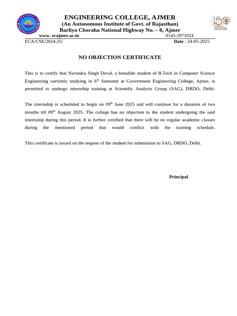 NOC for Internship at SAG, DRDO | PDF