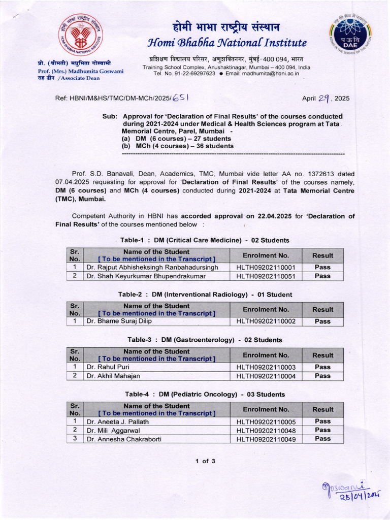 Declaration of Results-DM-MCh-TMC-batch 2021-2024 | PDF