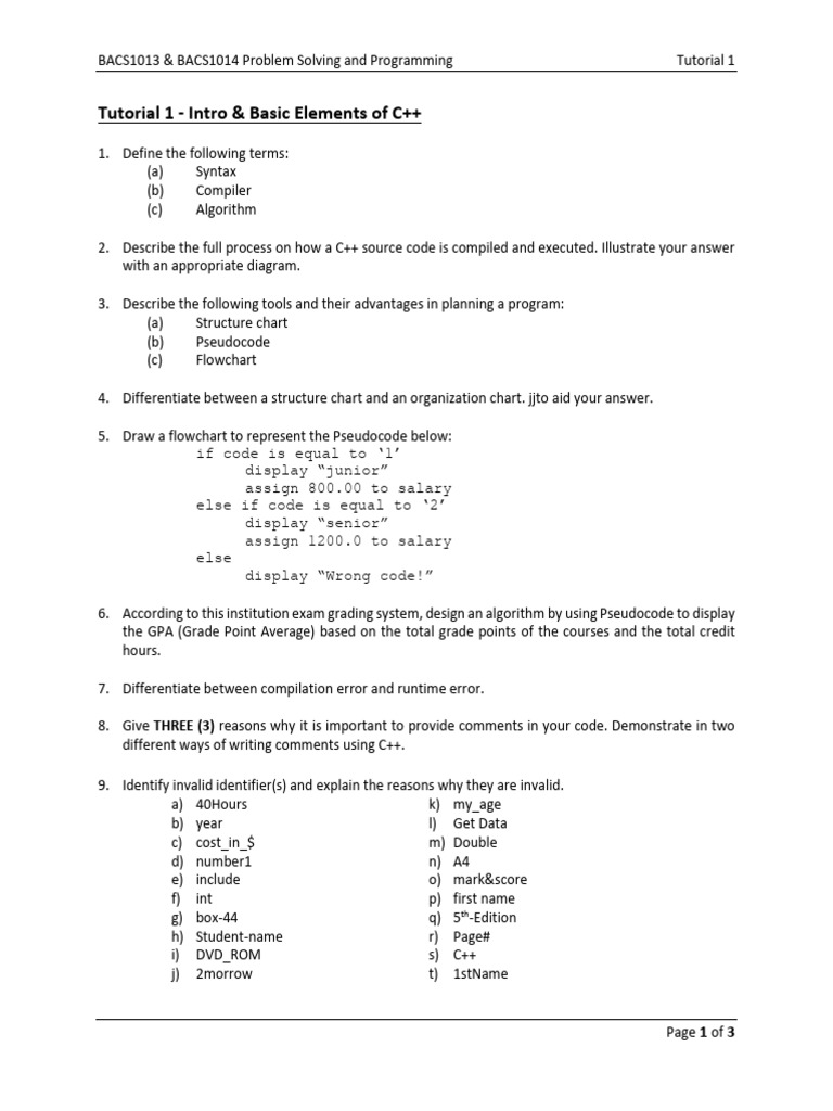 Tutorial 1 - Intro - Basic Elements of C++ | PDF | C++ | Algorithms