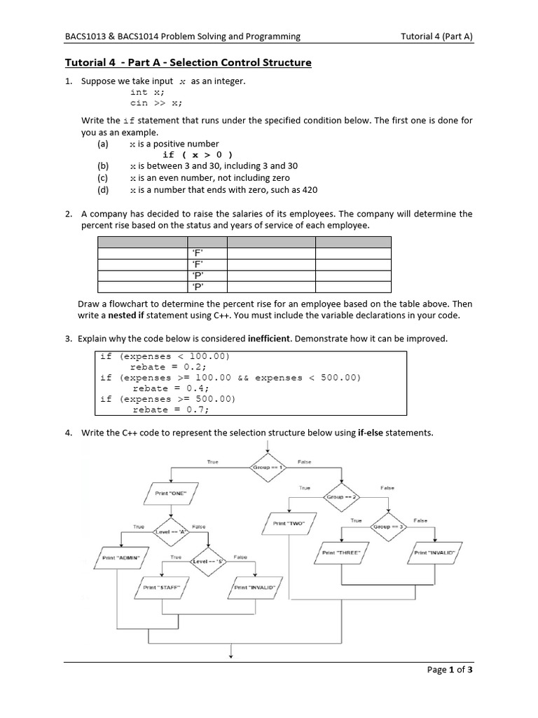 Tutorial 4 - Part A - Selection Control Structure | PDF | Integer (Computer Science) | C++