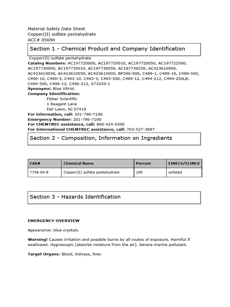Material Safety Data Sheet Copper (II) sulfate pentahydrate | PDF ...