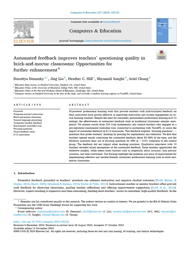 Automated Feedback Improves Teachers' Questioning Quality in | PDF ...