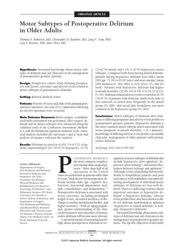 Arch Surg - Subtypes Delirium 2011 | PDF | Intensive Care Unit | Anesthesia