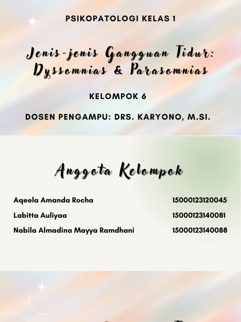 Kelompok 6 Kelas 1 PPT Dyssomnias & Parasomnias 20250325 131851 0000 | PDF
