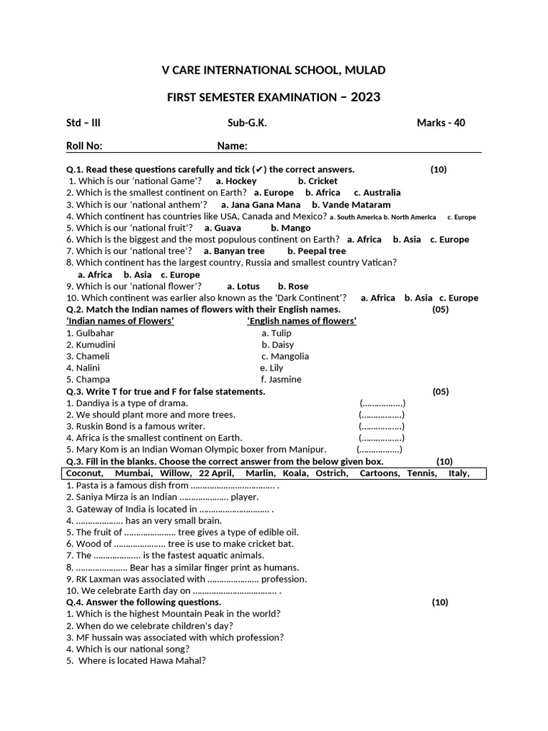 3rd 07. SLN GK Sem I 23 Question Paper | PDF