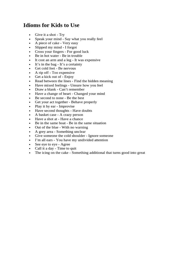 Idioms For Kids To Use | PDF