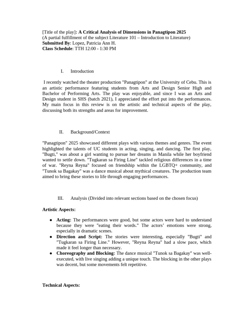 Critical Analysis LIT101 | PDF