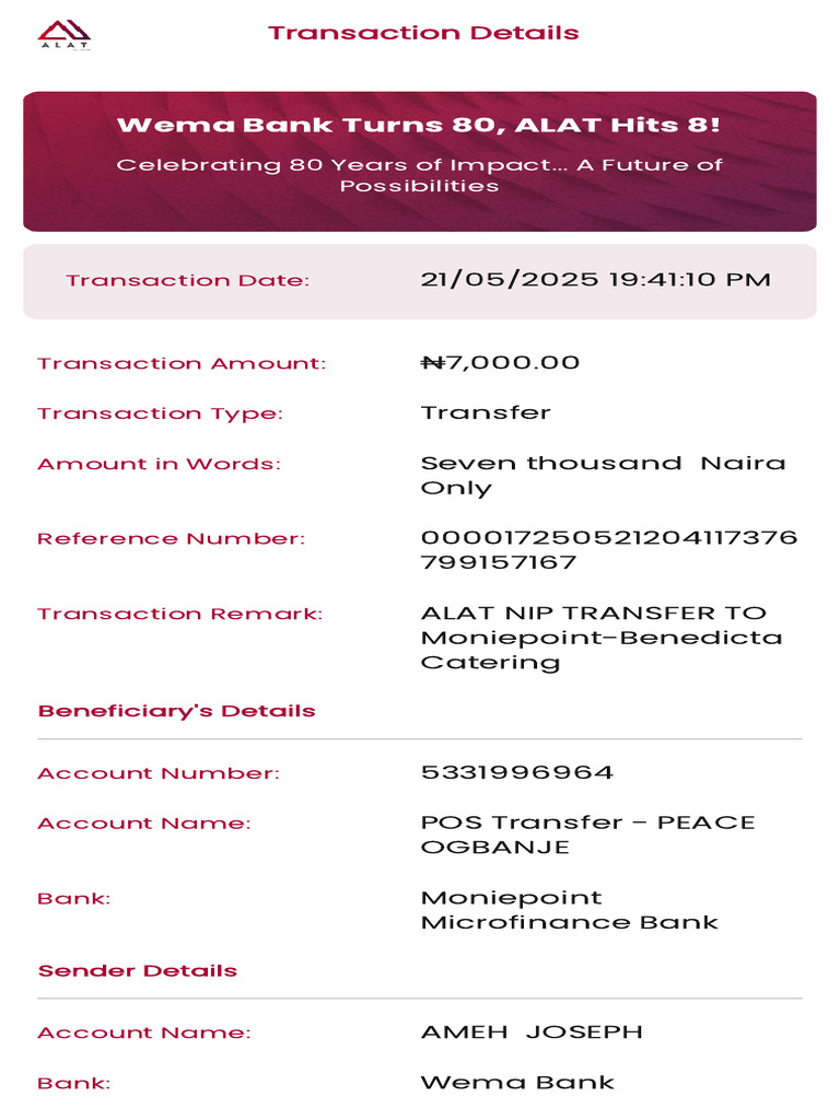 ALAT Transfer Receipt - POS Transfer - PEACE OGBANJE - 5331996964 ...