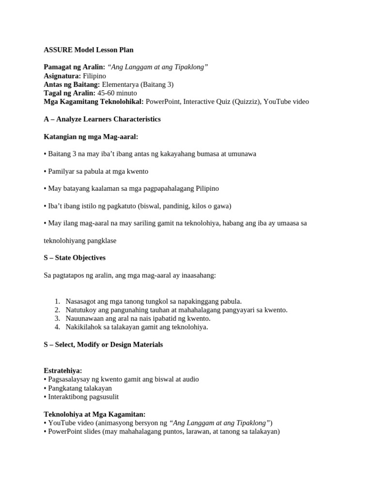 ASSURE Model Lesson Plan (Tagalog) | PDF