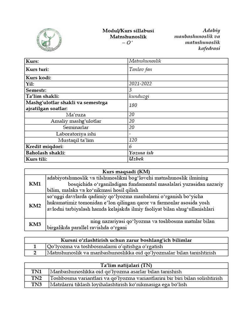 1.sillabus Matnshunoslik | PDF