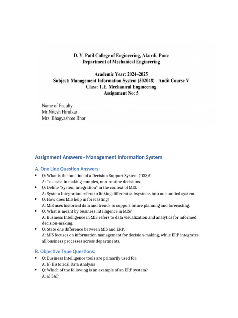 MIS Assignment Answers Filled 5 | PDF