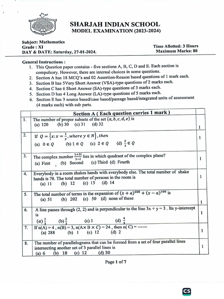 Maths Model Exam Paper 2023-2024 | PDF