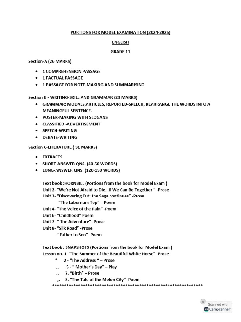 ENG. PORTIONS FOR MODEL EXAM. Grade 11 | PDF