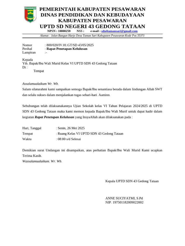 Surat Undangan Rapat Kelulusan 2025 | PDF
