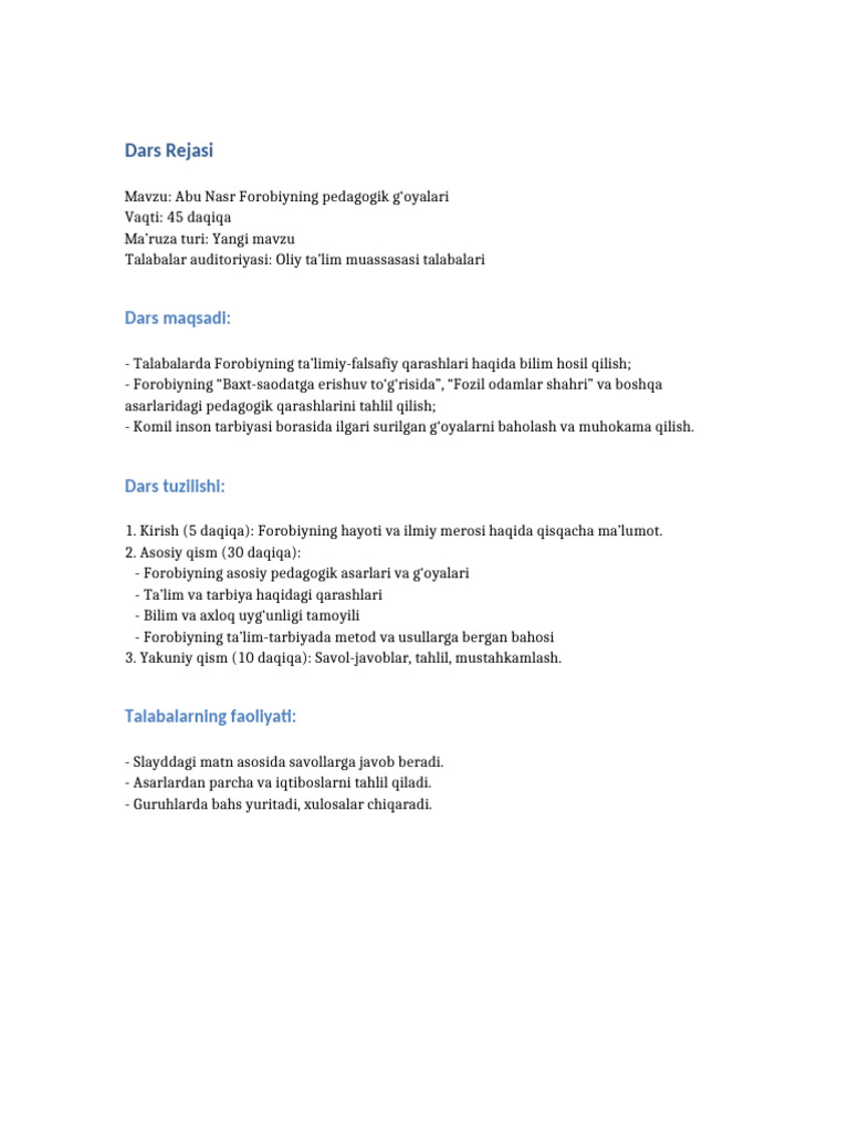 Dars Rejasi Forobiy | PDF