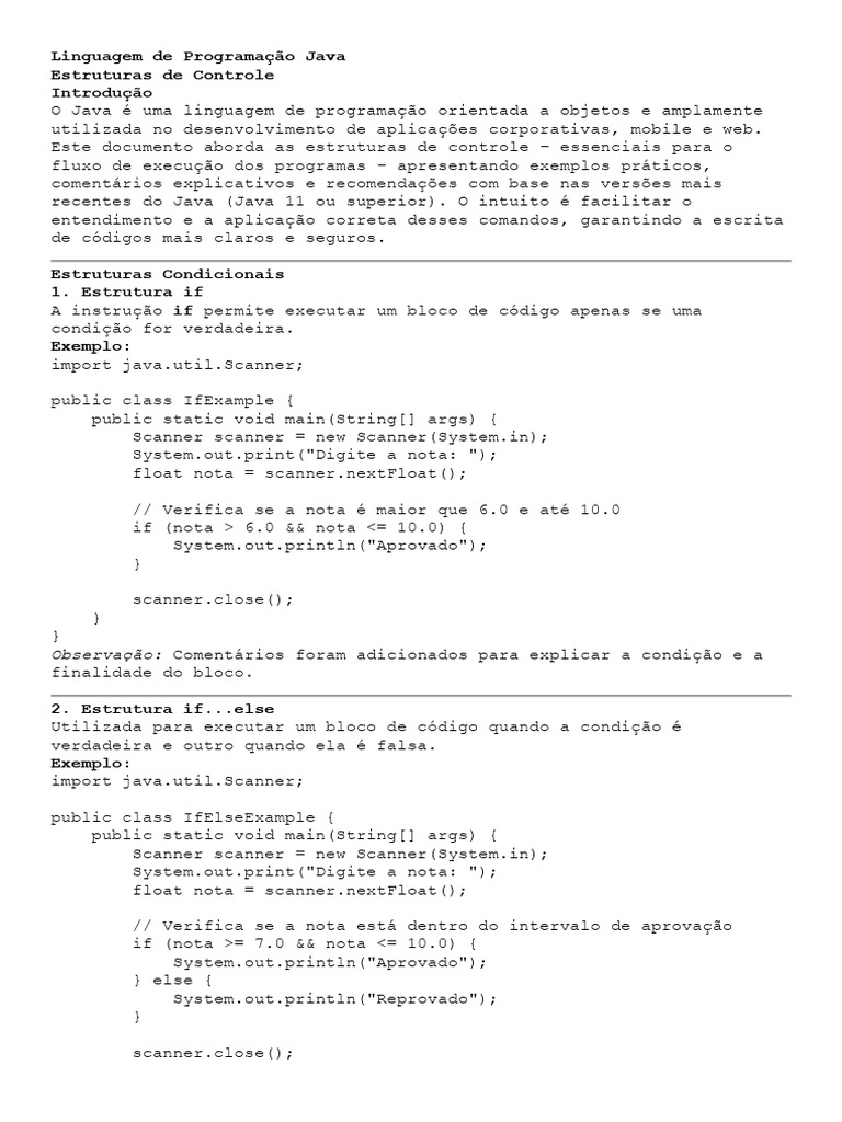 Estruturas de Controle em Java | PDF | Controle de fluxo | Java ...