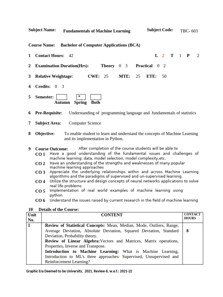 TBC 603 Fundamentals of Machine Learning | PDF | Machine Learning | Matrix (Mathematics)