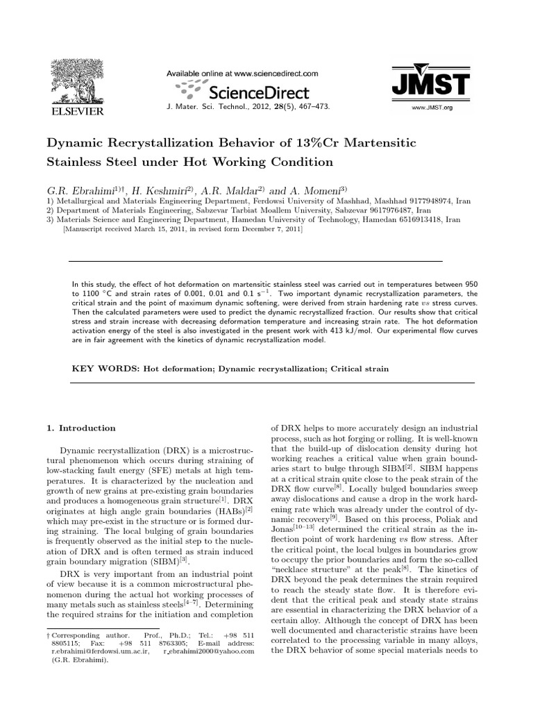 Dynamic Recrystallization Behavior of 13Cr Martensitic Stainless Steel ...