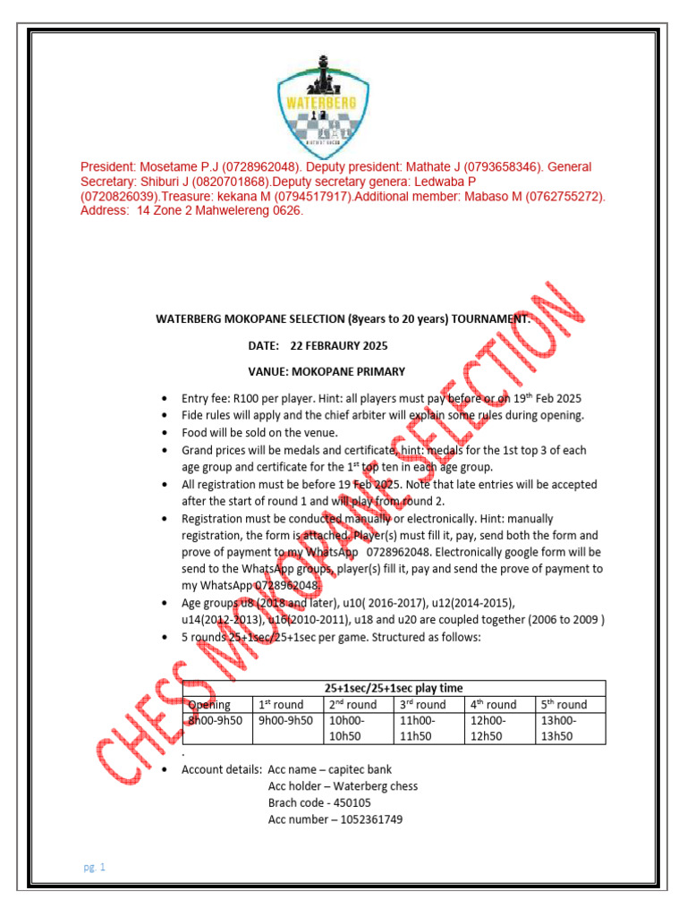 Mokopane Chess Tournament Registration | PDF | Chess