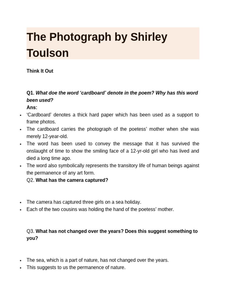 The Photograph by Shirley Toulson | PDF | Poetry