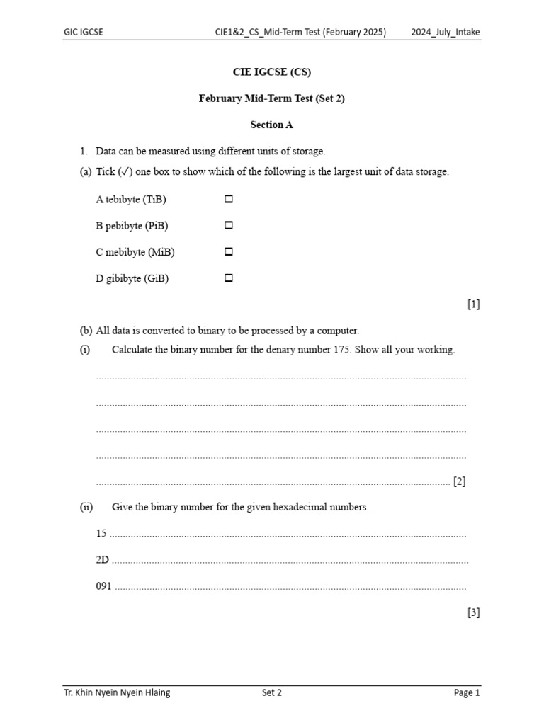 IGCSE Computer Science Mid-Term Test | PDF | Sql | Data Compression