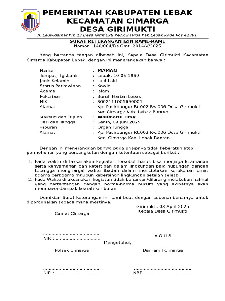 Surat Ket. Izin Rame-Rame | PDF