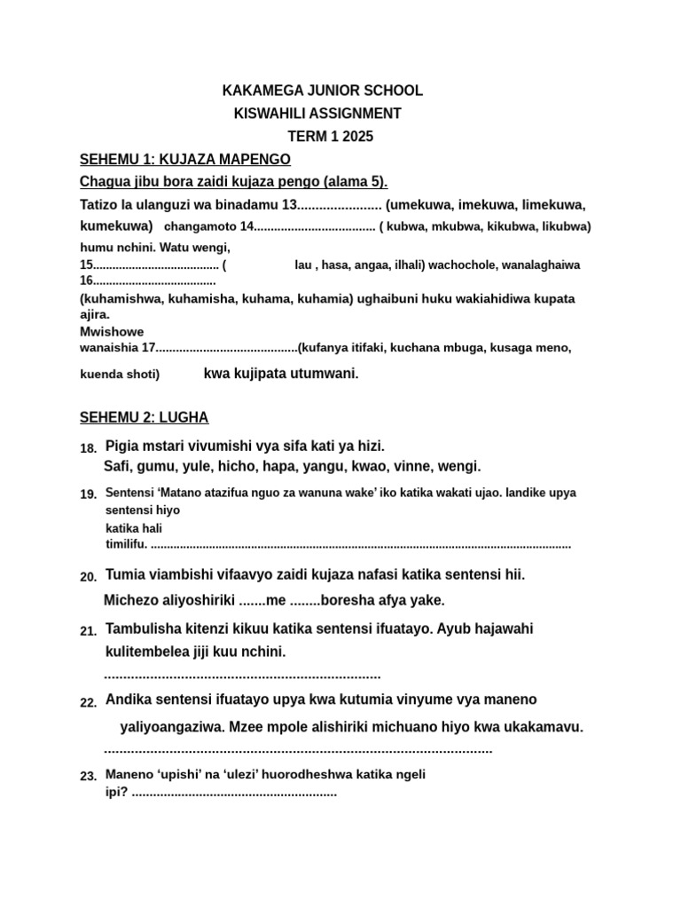 KISWAHILI ASSIGNMENT | PDF