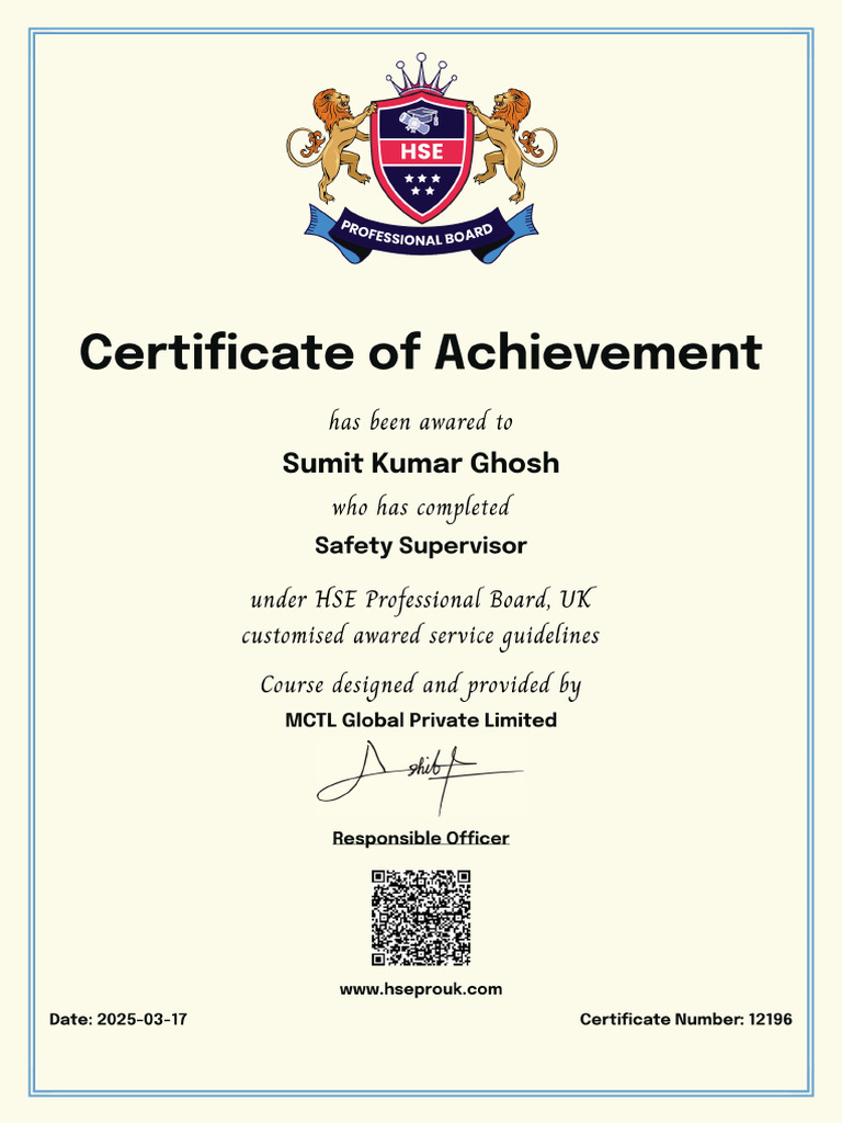 Sumit Kumar Ghosh - Safety Supervisor - Certificate | PDF