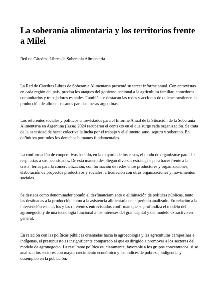 La Soberanía Alimentaria y Los Territorios Frente A Milei | PDF ...