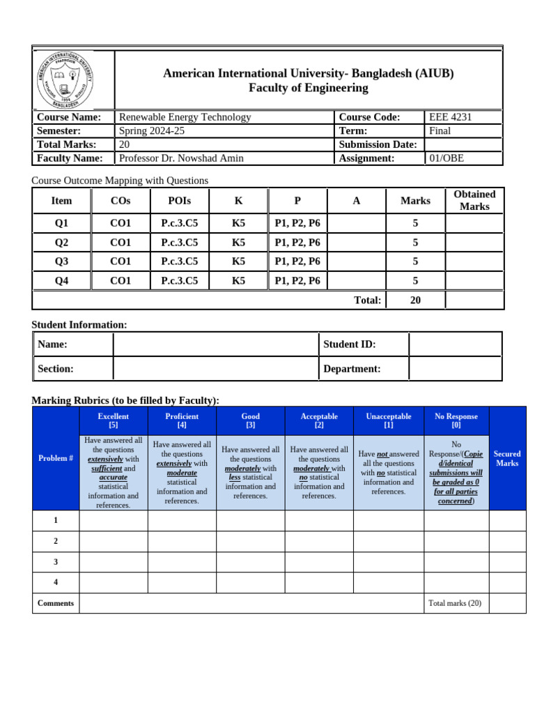 IA - OBE - Assignment - Spring 24 - 25 | PDF | Electricity Generation | Photovoltaics
